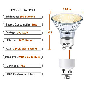 MXQFG (4 Pack) GU10 Halogen Light Bulb,Warm White, Dimmable, GU10/ 120V 50W Halogen Light Bulbs, MR16 Light Bulb with Glass Cover