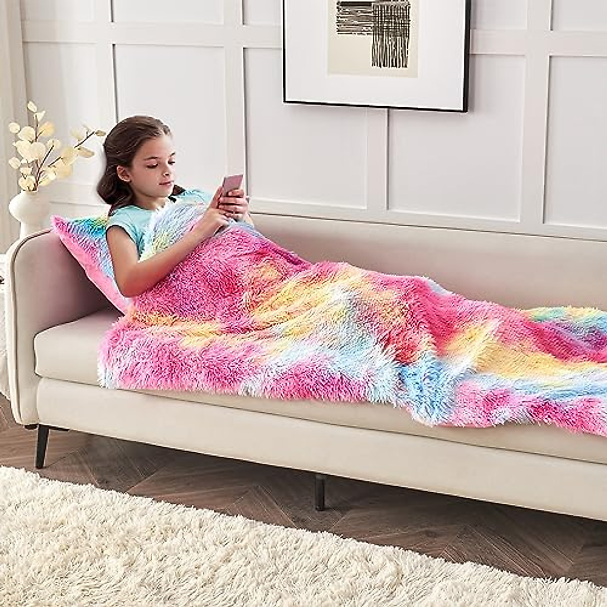 UOMNY Faux Fur Throw Blanket with Throw Pillow Cover Tie Dye Fluffy Blanket Set for Girls 50 x 60 Rainbow Plush Blankets for Couch Sofa Bed Teen Girl Gifts for Birthday Christmas Pink