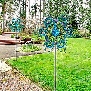 DREAMSOUL Peacock Wind Spinner 60" Double Wind Sculpture Spinner Outdoor Metal Stake Yard Spinners Garden Decorative Kinetic Wind Catcher Windmills for Patio Yard Lawn Garden Decor