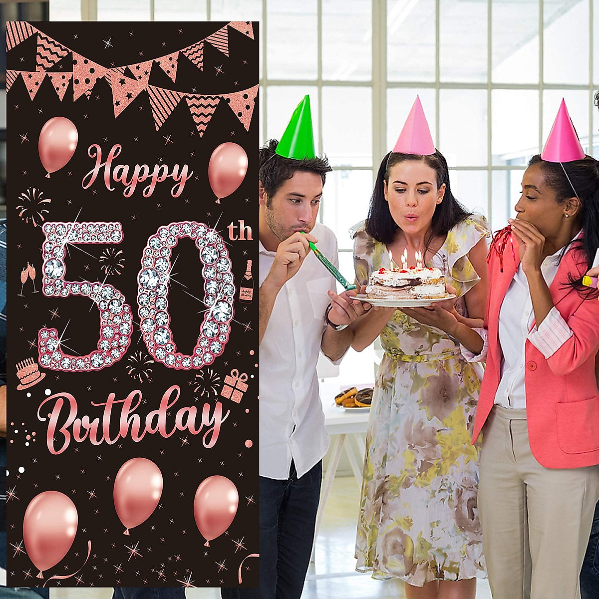 Rose Gold 50th Birthday Door Banner Decoration for Women, Large Happy 50 Birthday Door Cover Party Supplies, Fifty Year Old Birthday Poster Backdrop Decor