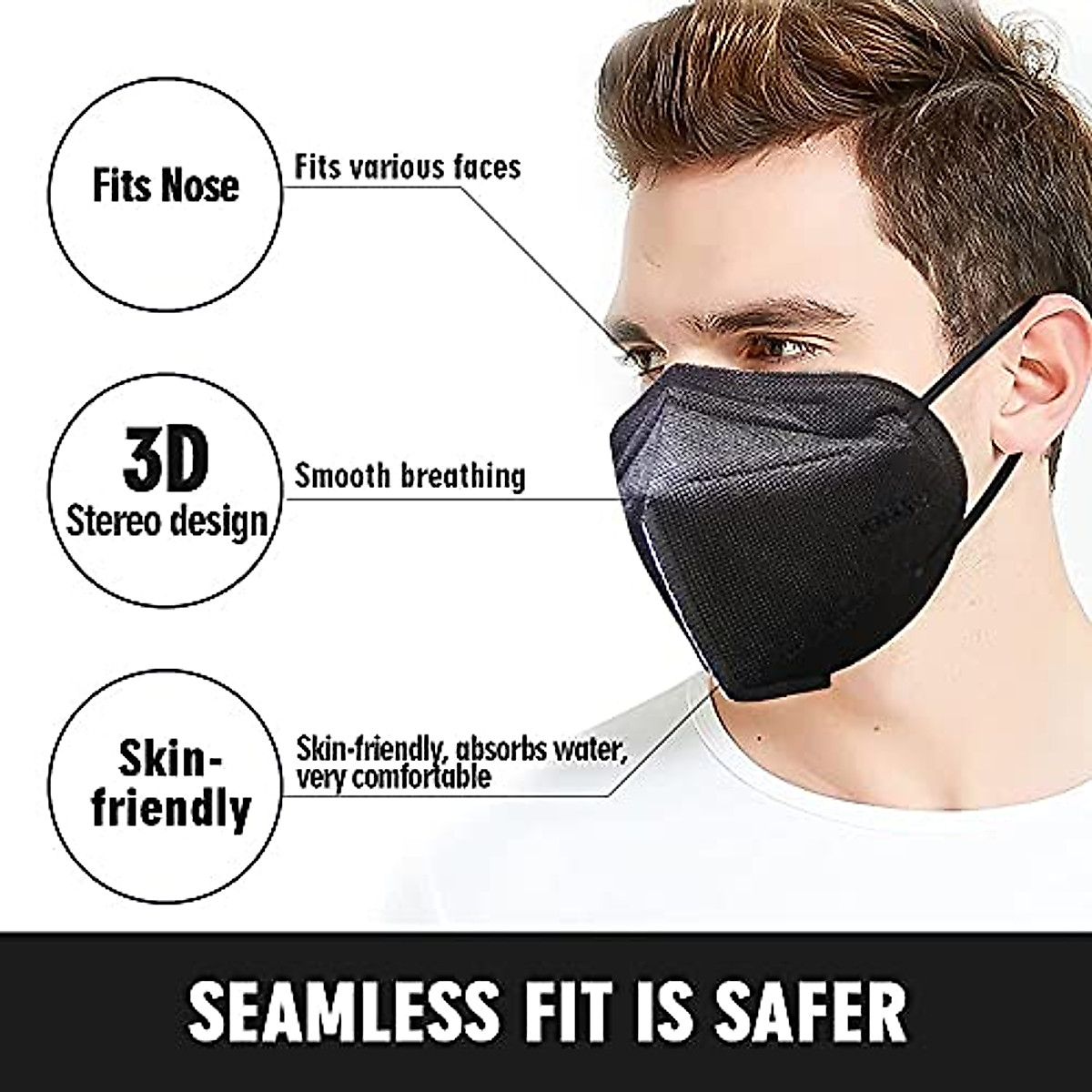 YIDERBO KN95 Face Masks 50Pack, 5-Ply Breathable Disposable Face Mask Filter Efficiency≥95%, Black