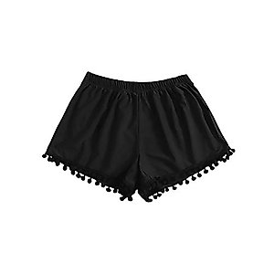 Verdusa Women's Pom Pom Trim Elastic Waist Swimsuit Bottom Boy Shorts Black L