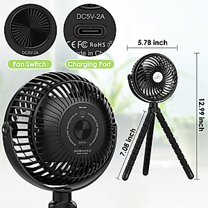 VASG 5000mAh Battery Operated Stroller Fan, Portable Handheld Mini Fan Clip on Fan with Flexible Tripod, USB or Battery Powered Desk Fan, 3 Speeds and Rotatable Personal Fan for Car Seat, Crib, Bike..