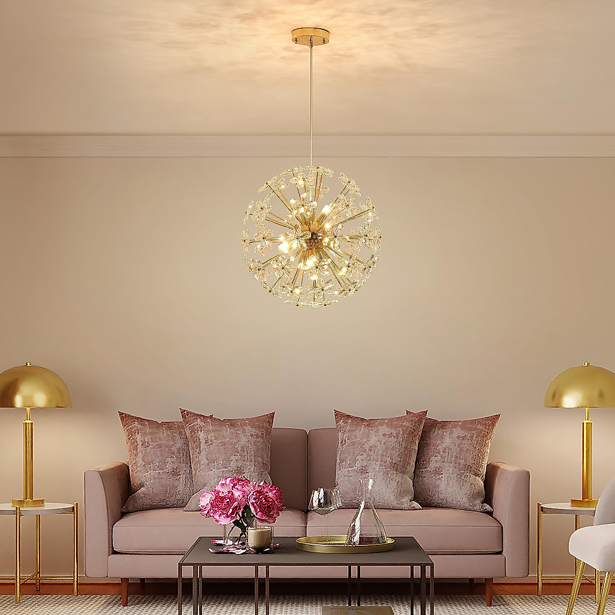 Shrine LIGHTING Dandelion Crystal Chandeliers, Modern Design, Firework Pendant Light Fixture for Living Space, H17'' x D17'', Adjustable Chains 59'', G9*9 Sockets, Brilliant Gold Finish Frame