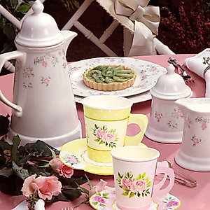 ceiba tree Floral Paper Disposable Tea Cups with Handle and Saucers Tea Party Decorations Favors 24 Sets for Girls Women Flower Birthday Baby Shower Wedding Party Supplies