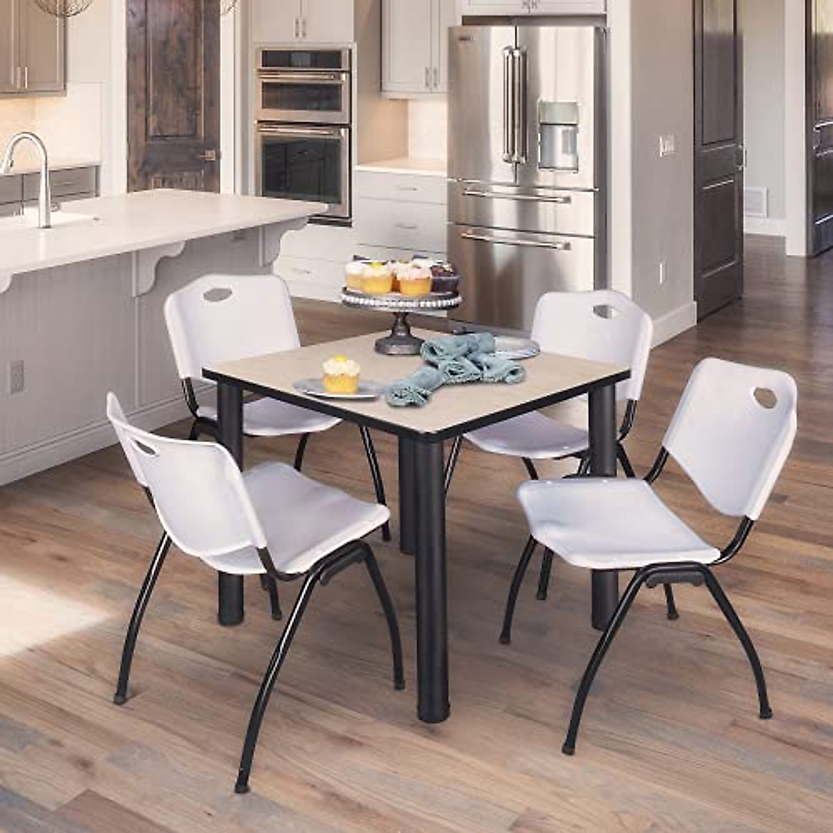 Kee 36" Square Breakroom Table- Maple/ Black & 4 'M' Stack Chairs- Grey