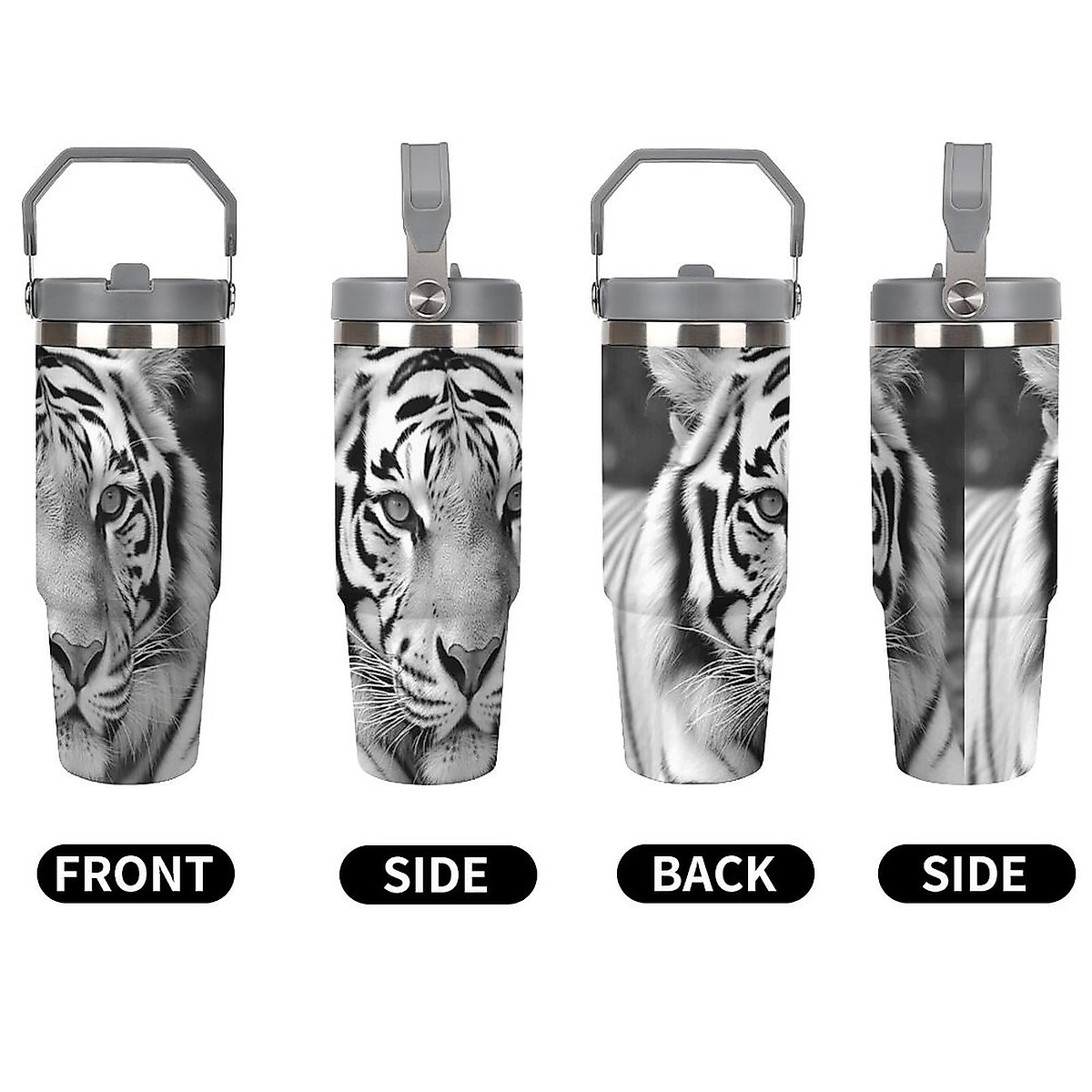 ZJCDPBR 30 Oz Tumbler with Foldable Handle And Flip Straw,Black White Tiger Vacuum Insulated Travel Coffee Tumblers,Stainless Steel Leak-Proof Water Bottle,Fits in Cup Holder,Keep Cold 24H & Hot 12H