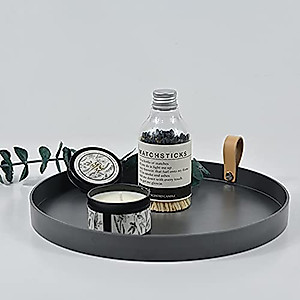 10.2" Round Decorative Tray, PU Leather Plastic Tray with Handles, Coffee Table Tray and Serving Tray for Ottoman, Kitchen, Bathroom, Black