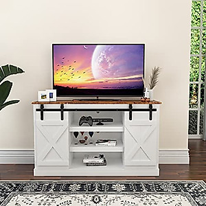 WERSMT Modern Farmhouse Sliding Barn Door TV Stand for TVs up to 60 Inches TV, Wood Rustic Style Big Storage Cabinet Entertainment Certer Media Console, Warm White