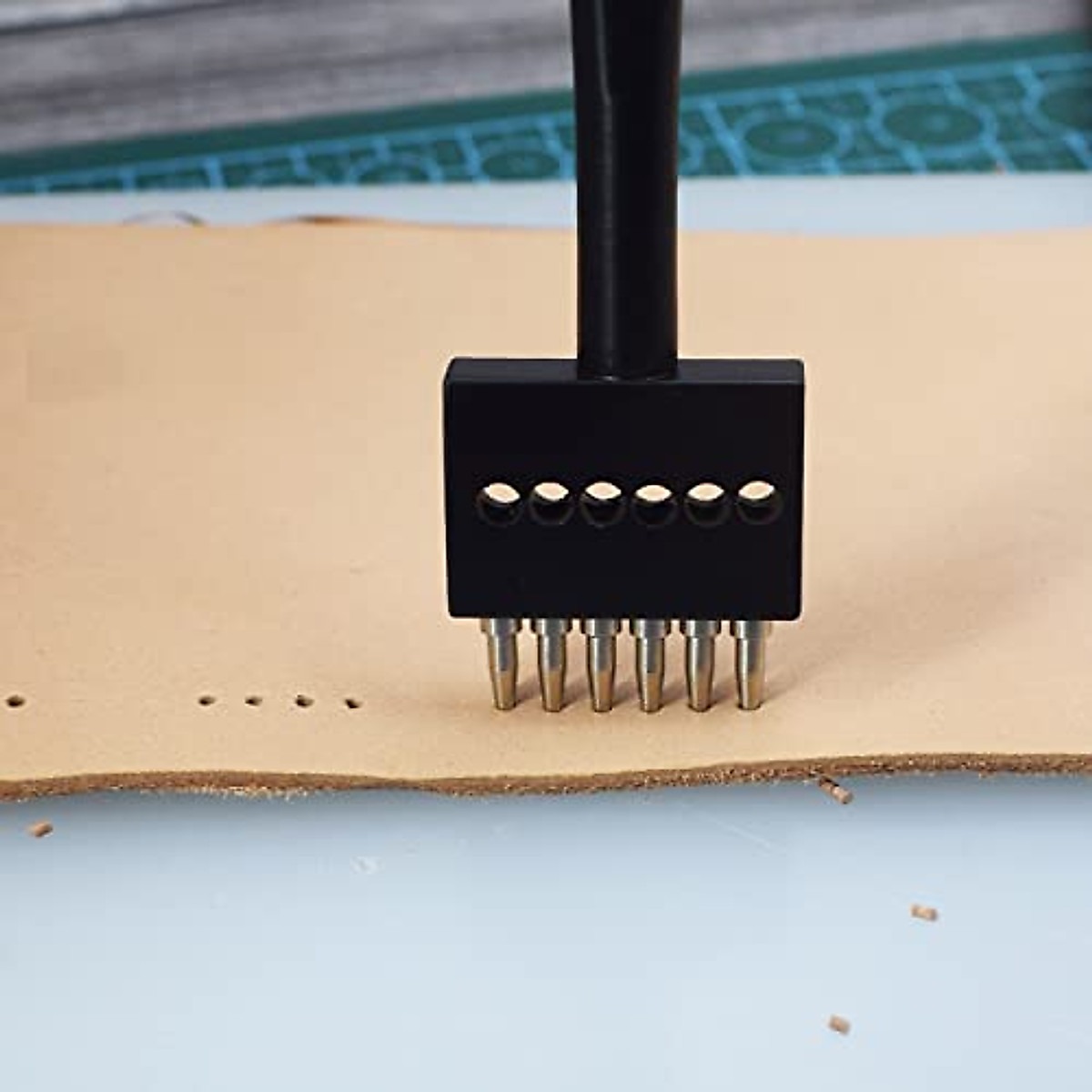 RONGXINGSHENG Leather Craft Tool Hole Punches 4MM 2/4/6 Prong Row Hole Punch for Leather Crafts, Lacing Stitching Chisel Set, for Belts Watch Bands of Suture Leather Working DIY.(Black) (4MM)