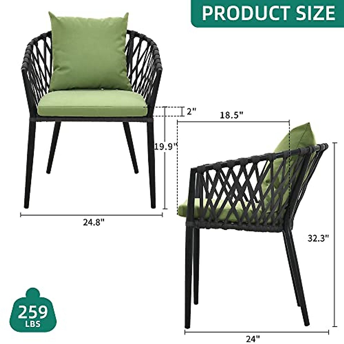 YITAHOME Outdoor Dining Chair Set of 2, Rope Woven Design Bistro Chairs, Indoor-Outdoor Armchair Seating for Patio, Backyard, Poolside, Balcony - Green and Grey
