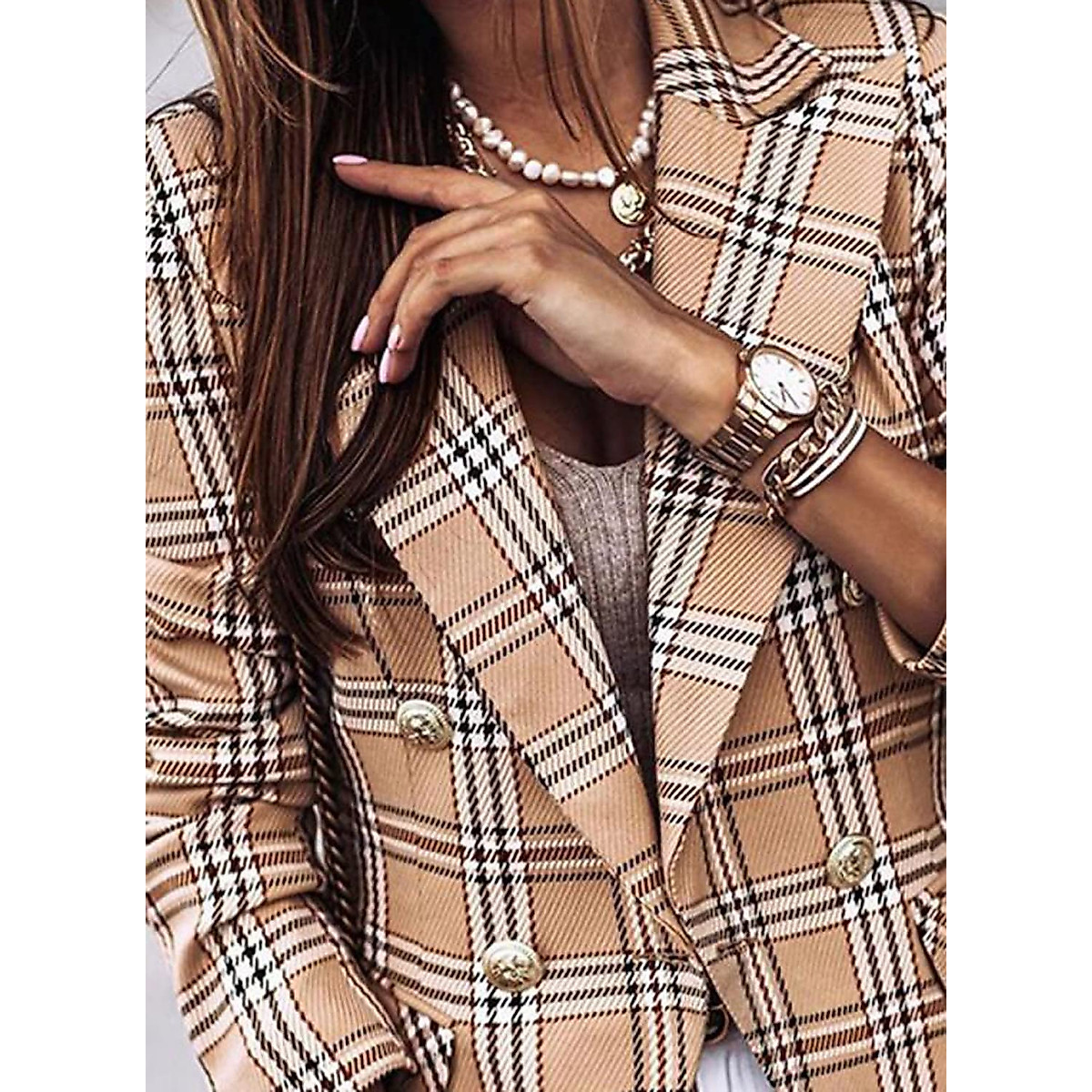 futurino Women's Casual Blazer Front Open Long Sleeve, Double Breasted Blazer Vintage Print Plaid Slim Suit for Women Khaki