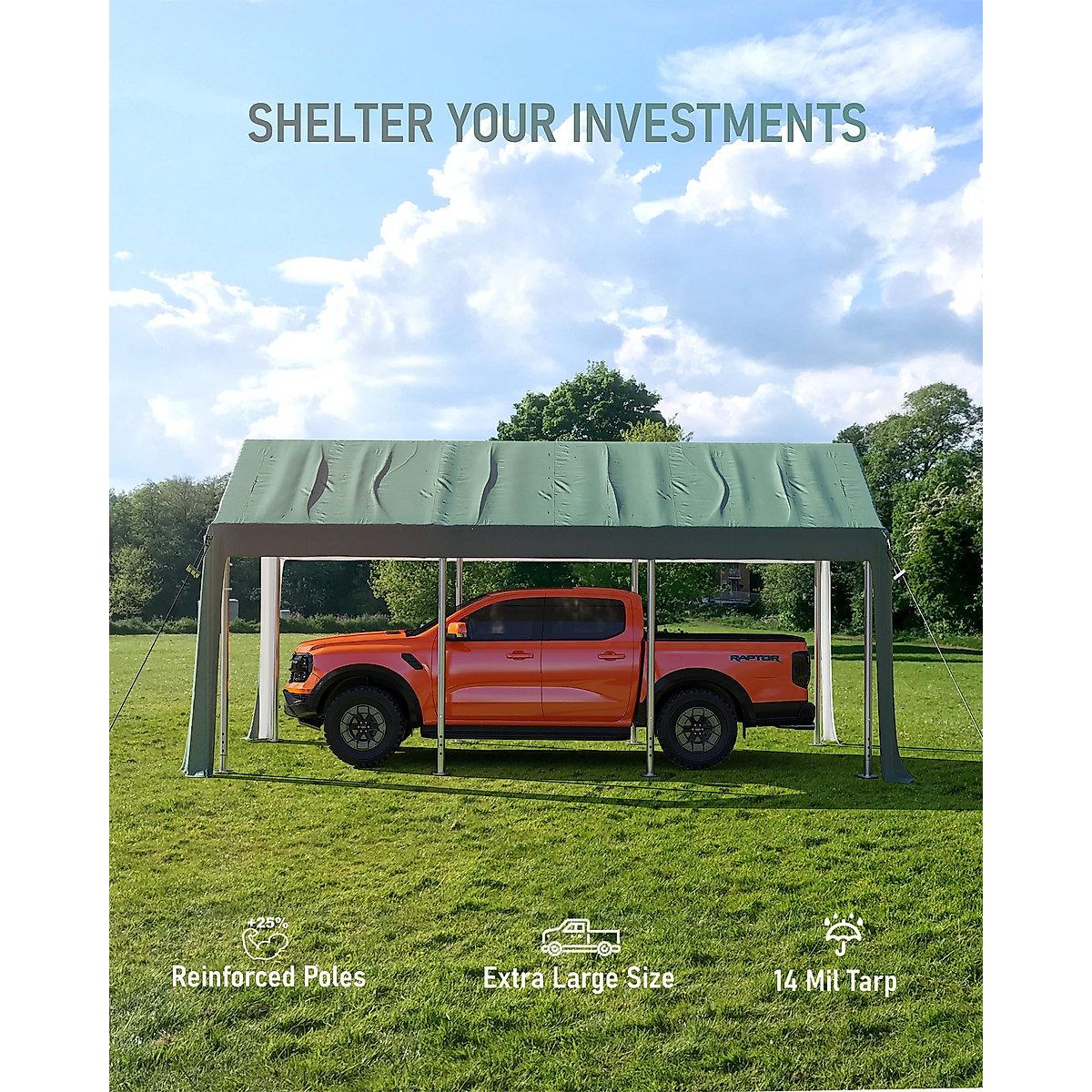 DEXSO Carport 13'x20' Heavy Duty Portable Garage, 1.0 mm Steel Poles & 180 g PE Waterproof Canopy, for Pickup Truck, and Boat, Green