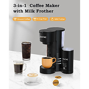 ZACME Single Serve Coffee Maker for K Cups&Ground Coffee with Milk Frother, 3 in 1 Small Single Cup Coffee Machine, 28oz Water Thank, 6 to 14 oz Brew Sizes