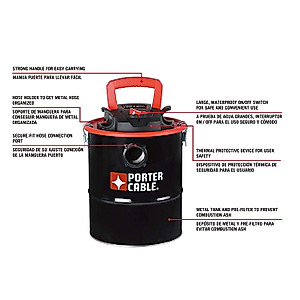 Porter-Cable 4 Gallon Ash Vacuum, 4 Peak HP Ash Vac with Powerful Suction for Fireplaces, Wood Burning Stoves, Bonfire Pits, and Pellet Stoves-PCX-18184 , Black