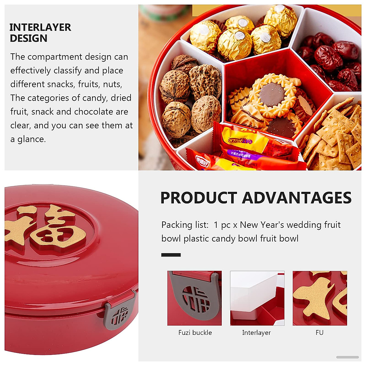 DOITOOL 1pc New Year Snack Tray Multi- Grid Food Serving Tray Plastic Candy Box Snack Box