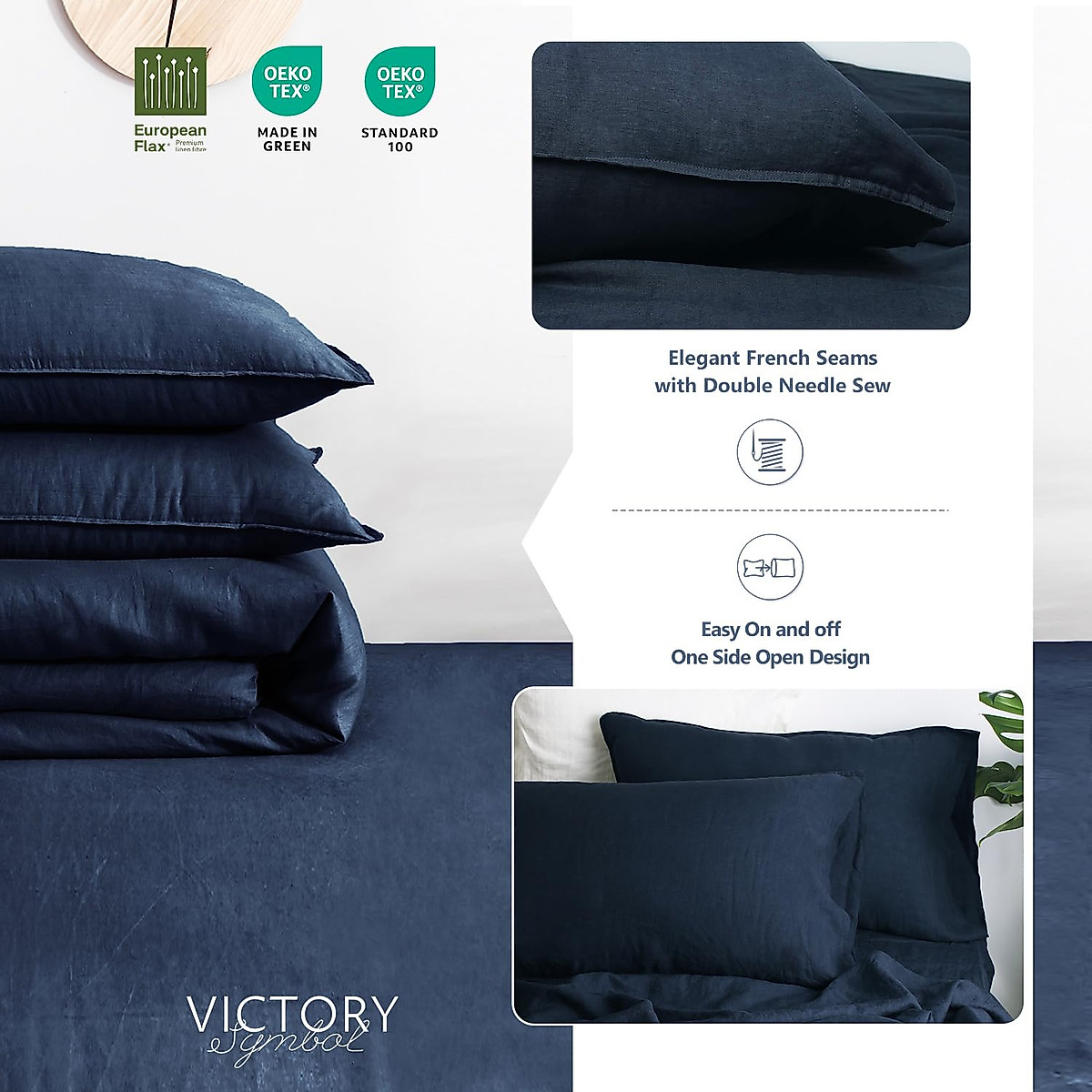 S VICTORY SYMBOL 100% Organic Linen Duvet Cover Set Queen Size,Natural French Linen Bedding Set with Stone Washed,Comforter Cover with Button Closure(Navy) Soft,Breathable