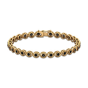 2 CT Bezel Set Black Onyx Unisex Round Shape Tennis Chain Bracelet (AAA Quality), 14K Yellow Gold, 6.5 inches