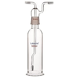 Labasics Gas Washing Bottle, Borosilicate Glass 34/34 Stopper Gas Bubbler Gas Washing Bottle with Fritted Disc and 8 mm OD Inlet/Outlet Hoses, 500 ml