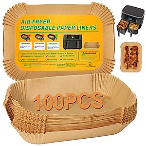 BYKITCHEN Air Fryer Disposable Paper Liner for Ninja Dual Air Fryer, Set of 100, Rectangle Air Fryer Liners Compatible with Double Air Fryer, Ninja DZ201/DZ401, Ninja Dual Air Fryer Accessories