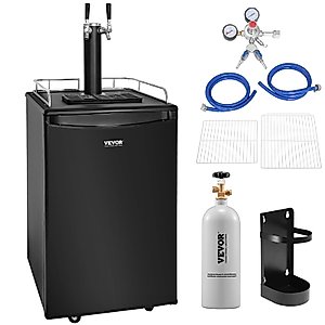 VEVOR Beer Kegerator, Dual Tap Draft Beer Dispenser, Full Size Keg Refrigerator With Shelves, CO2 Cylinder, Drip Tray & Rail, 32°F- 50°F Temperature Control, Holds 1/6, 1/4, 1/2 Barrels, 152L,Black