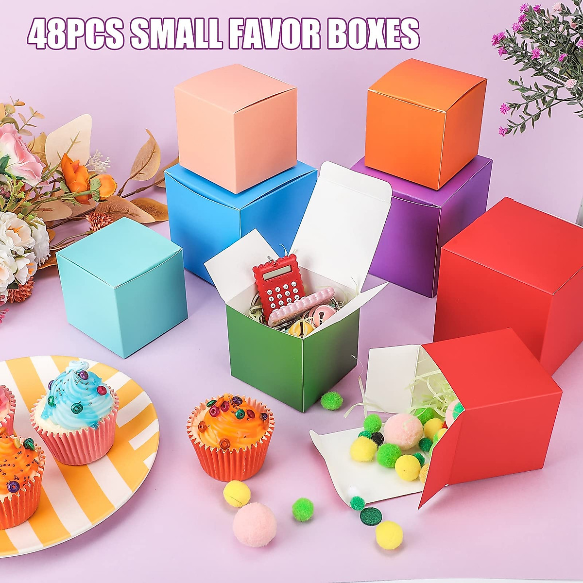 48 Pack Colorful Gift Boxes Kraft Paper Cube Boxes Easy Assemble Small Cardboard Boxes with Lids for Crafting Cupcake Christmas Wedding Presents Birthday Bridesmaids Proposal Party(4 x 4 x 4 Inch)