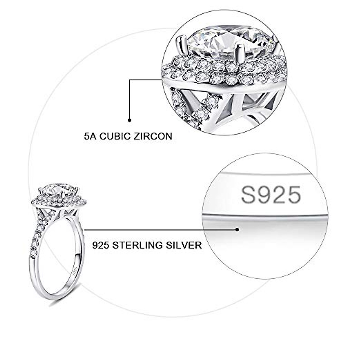 AVECON 3 Carat Cushion Cut Engagement Rings Cubic Zirconia Wedding Rings 925 Sterling Silver Solitaire Wedding Ring for Women Size 8