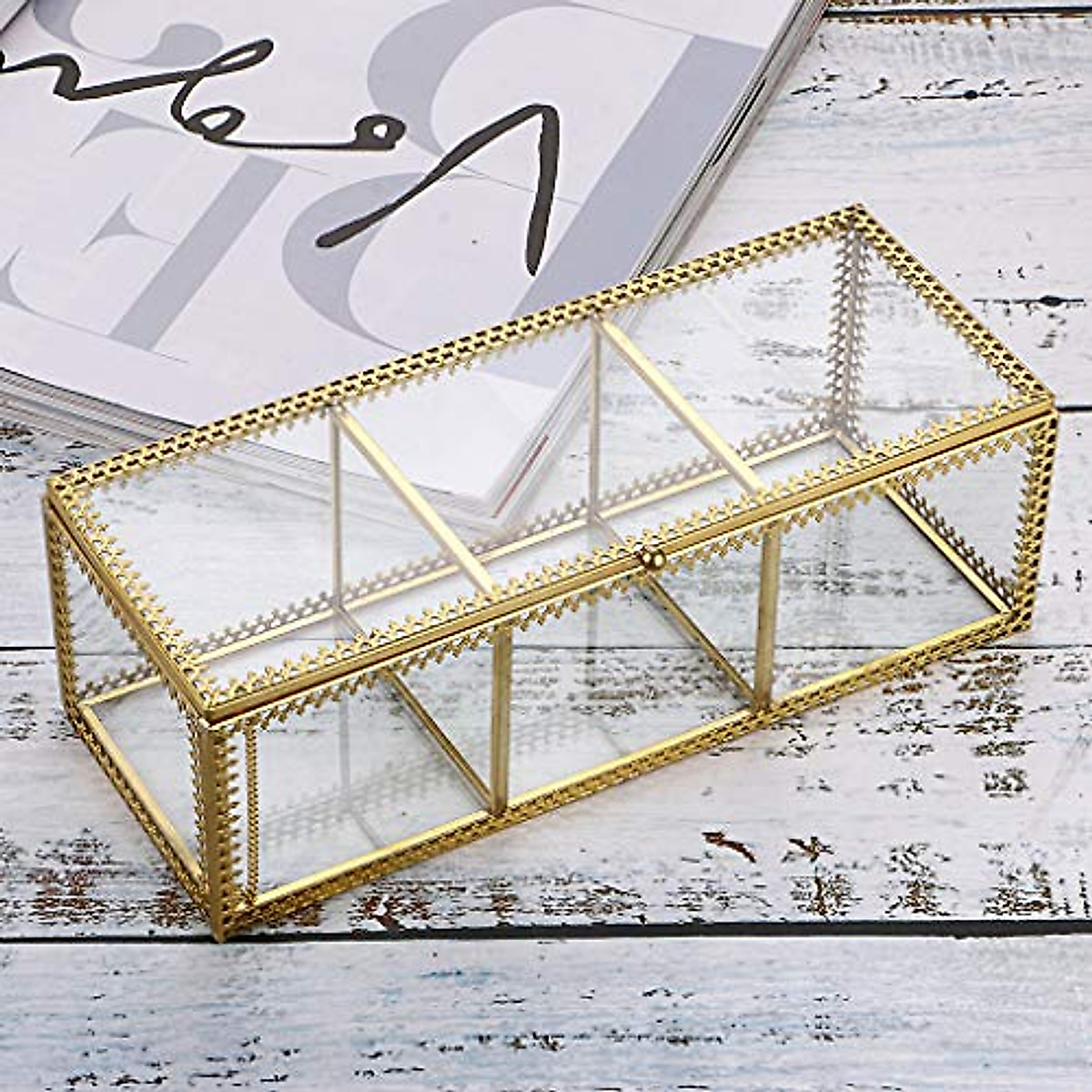 Hipiwe Vanity Glass Countertop Canister Jar with Storage Lid，3 Compartment Beauty Blender Holder Jewelry Box for Cotton Swabs, Qtips Balls, Makeup Sponges，Bath Salts