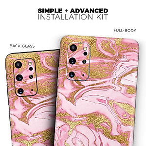 DesignSkinz Rose Pink Marble & Digital Gold Frosted Foil V17 Protective Vinyl Decal Wrap Skin Cover Compatible with The Samsung Galaxy S20 (Screen Trim & Back Glass Skin)