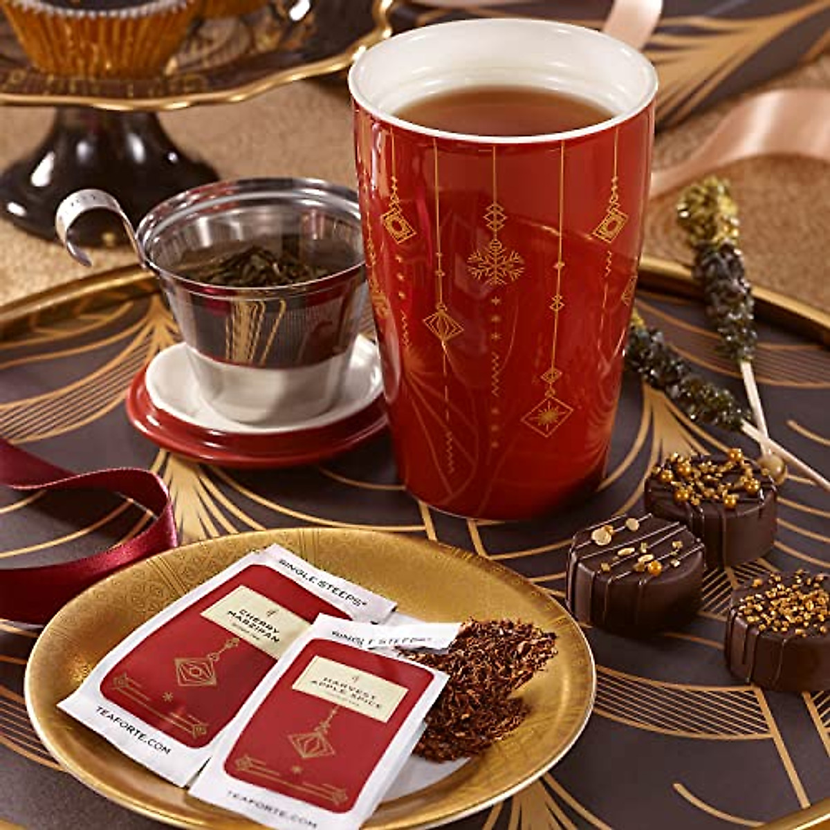 Tea Forte Warming Joy Kati Cup, Ceramic Loose Leaf Tea Infuser Cup with Basket and Lid, 12oz Double Walled Tumbler with Stainless Steel Influser and Gift Box