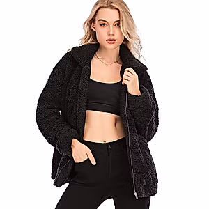 Women's Coat Casual Lapel Fleece Fuzzy Faux Shearling Zipper Coats Warm Winter Oversized Outwear Jackets (Black,XL)