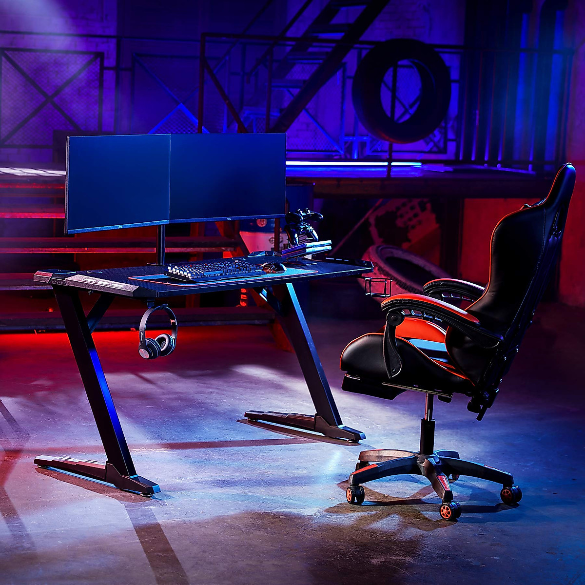CO-Z 55 Inch Gaming Desk, Z Shaped Gaming Table with 6-Color RGB Lighting, Large Mouse Pad, Controller Stand, Cup Holder & Headphone Hook, Writing Desk Computer Desk for Home Office and More, Black