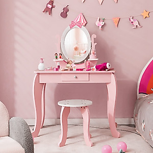 KOTEK 2-in-1 Kids Vanity with Detachable Top & 360° Rotating Mirror, Little Girls Vanity Set with Mirror, Stool and Drawer, Pink Princess Dressing Table & Chairs, Makeup Vanity Desk for Toddler 3-7