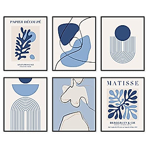 Matisse Wall Art Prints Set of 6 Matisse Prints, Minimalist Boho Wall Art, Abstract Matisse Poster, Mid Century Modern Wall Art, Aesthetic Posters, Boho Wall Decor (Blue, 8x10 in UNFRAMED)