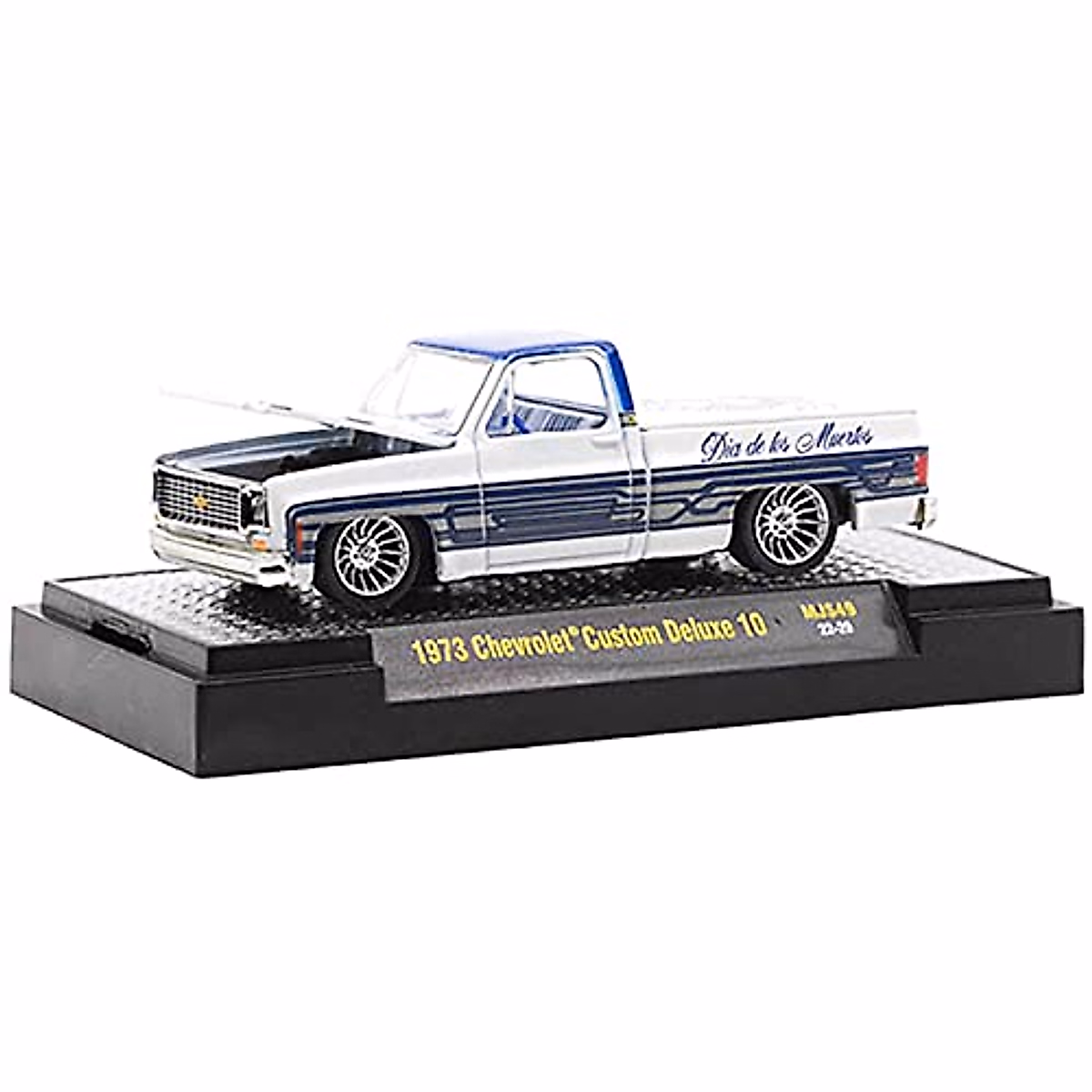 M2 1973 Chevy Custom Deluxe 10 Pickup White Met w/Graphics Dia De Los Muertos Los Angeles LTD ED to 8250 pcs 1/64 Diecast Model Machines 31500-MJS49