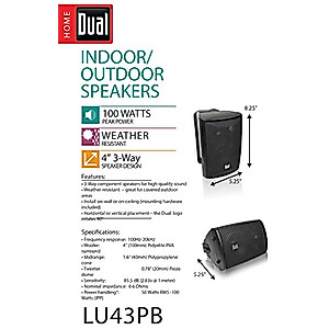 Dual Electronics LU43PB 3-Way High Performance Outdoor Indoor Speakers with Powerful Bass & Dual Electronics DBTMA100 Micro Wireless Bluetooth 2 Channel Stereo Class-D Amplifier
