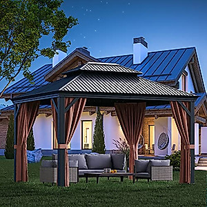 Greesum 10'x12' Hardtop Metal Gazebo, Outdoor Galvanized Steel Double Roof Canopy, Aluminum Frame Permanent Pavilion with Netting and Curtains for Patio, Backyard, Deck and Lawns
