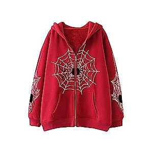 Axupico Women Y2k Zip Up Hoodie Long Sleeve Spider Web Thick Hoodies With Pockets Vintage Harajuku Clothing (Red, S)