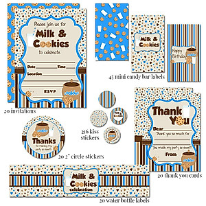 Milk and Cookies Boy Birthday Party Bundle Includes 20 each of Invitations & Thank You Cards with Envelopes + 2 Different Sizes of Stickers, Mini Candy Bar Wrappers, & Water Bottle Labels!