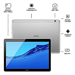MediaPad T3 10" AGS-L03 4G LTE Tablet 16GB 2 RAM -Android Nougat -Aluminum Alloy Body (Gray) -International Version- No Warranty