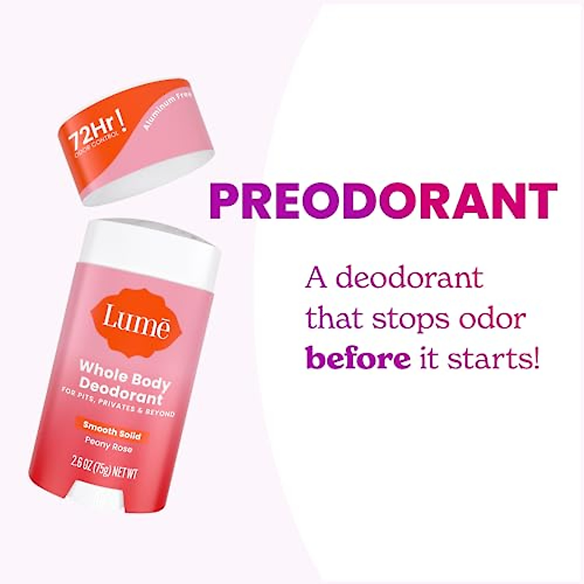 Lume Whole Body Deodorant - Smooth Solid Stick - 72 Hour Odor Control - Aluminum Free, Baking Soda Free and Skin Safe - 2.6 Ounce, (Pack of 2) (Peony Rose)