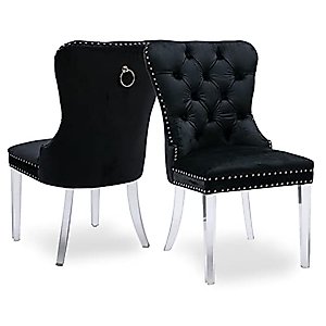 Kmax Velvet Elegant Upholstered Dining Chairs, Armless Accent Chair with Ring Pull Acrylic Legs, Set of 2 - Black