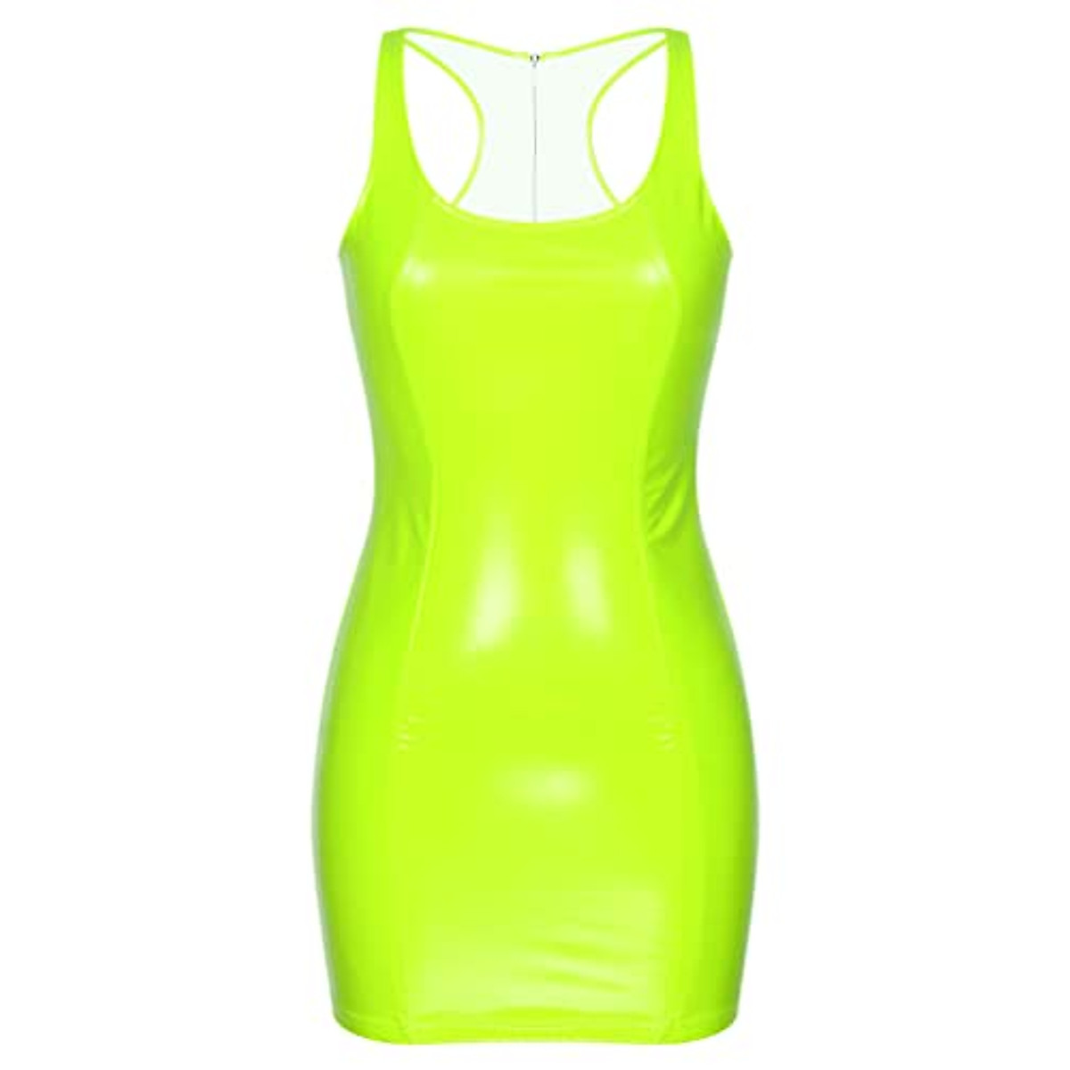 YONGHS Women's Latex Faux Leather Bodycon Mini Dress Sleeveless Low Cut Sexy Party Club Dresses Fluorescent Green X-Large