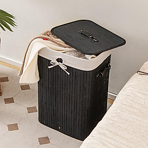 Giantex Bamboo Laundry Hamper with Lid, 72L Large & Tall Clothes Hamper with Removable Liner & Handles, Rectangular Laundry Basket for Small Spaces, Laundry Room, Bedroom (Black)