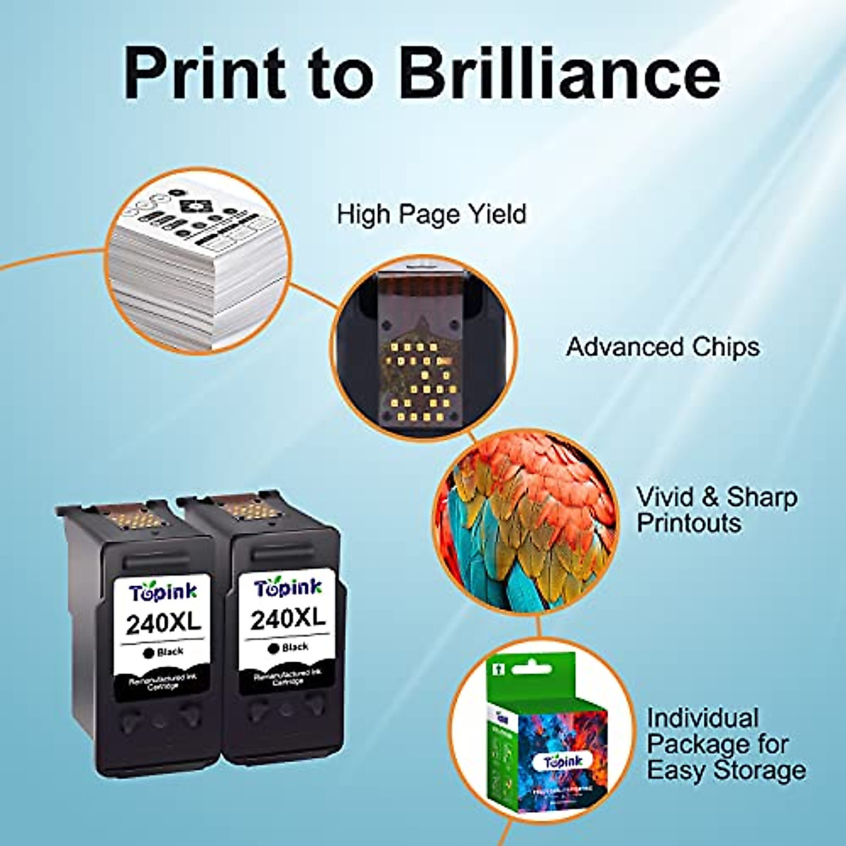 Topink Remanufactured Ink Cartridge Replacement for Canon PG-240XL 240 XL use with PIXMA TS5120 MG3620 MG3520 MG3522 MX532 MX452 MG3122 High Capacity Ink (2 BK)