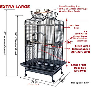 Extra Large Elegant Open Dome Top with Play Wooden Perch Stand Bird Parrot Cage for Macaw Cockatoo African Grey (35.25 x 29.5 x 62H Inches, Black Vein)
