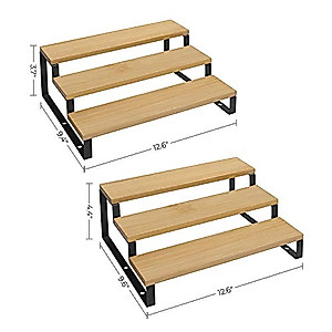 SONGMICS Spice Rack, Set of 2 Cabinet Shelf Organizers, 3-Tier Extendable Spice Holder, Bamboo, Stackable, for Pantry, Cupboard, Countertop, Natural and Black UKCS016N01