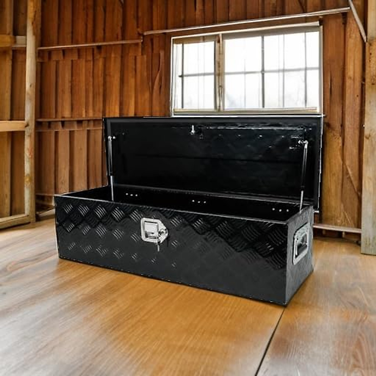 Eivojor Aluminum Stripes Plated Truck Tool Box Pick Up Truck Bed RV Trailer Toolbox Storage Organizer with Side Handles, Lock and Keys - 39" x 13" x 10",Black