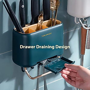 Aiabaleaft Kitchen Utensil Holder Multifunctional Storage Box, Plastic Cutlery Storage Organizer with Drain Functio, Cooking Utensil Organizer for Knives/forks/spoons(Dark Green)