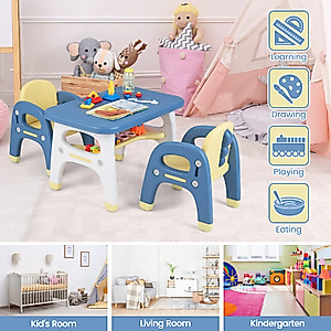 Costzon Kids Table and Chair Set w/Montessori Toys, Kids Activity Table w/Storage Shelf, Building Blocks, Cute Dinosaur Shape Chair, Easy to Clean, Preschool, Kindergarten (Table and 2 Chairs)